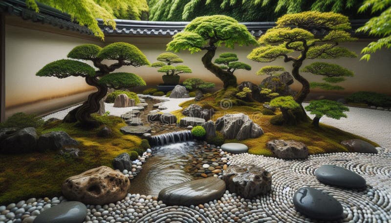 A Peaceful Zen Garden with a Trickling Stream Stock Illustration ...