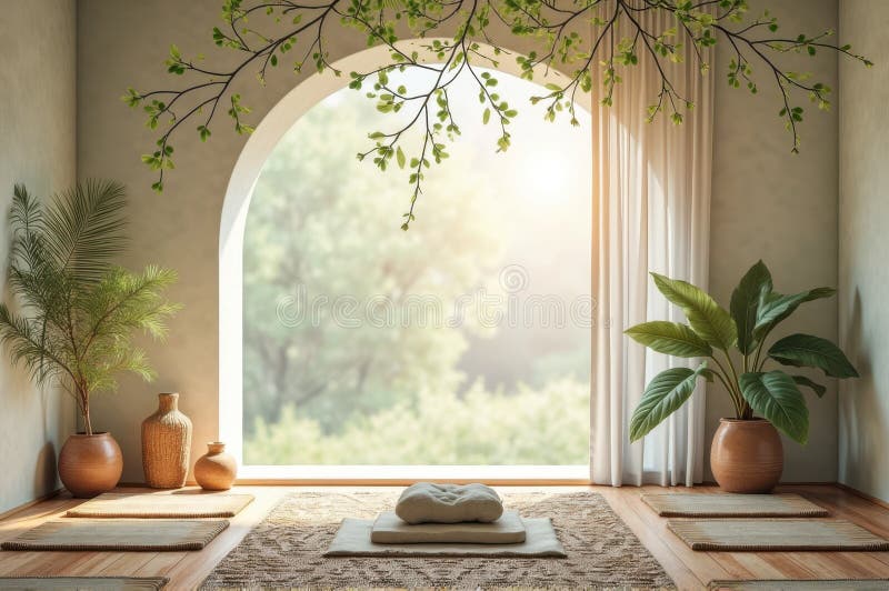 Peaceful Zen Meditation Room with Large Arch Window and Lush Greenery ...