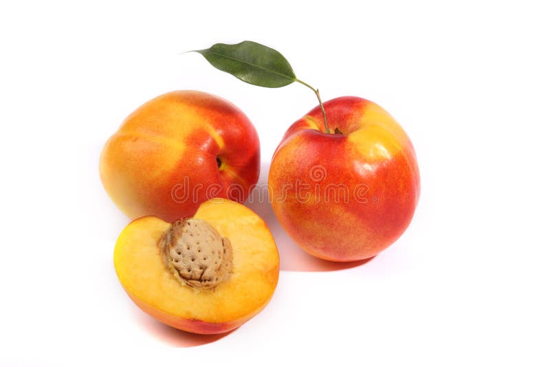 Beautiful Whole Peach and Split on White Stock Image - Image of leaf ...