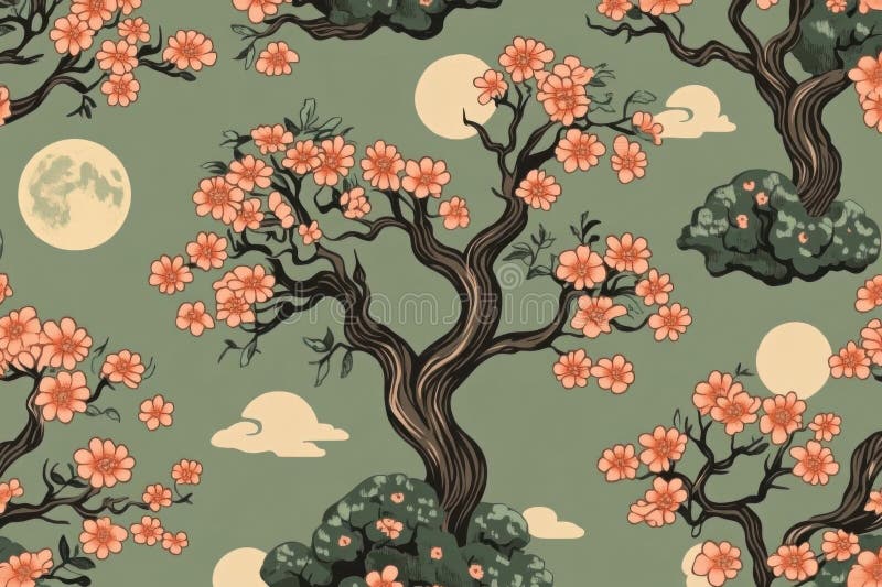 Peach Blossom Blooms Under Moonlight on a Vintage Spring Night Scenery ...