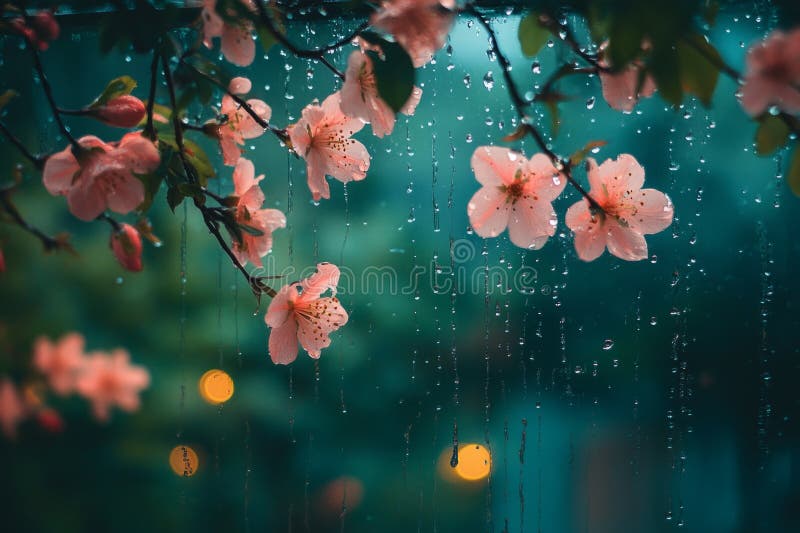 Peach Blossoms Getting Wet in the Spring Rain, Creating a Serene and ...