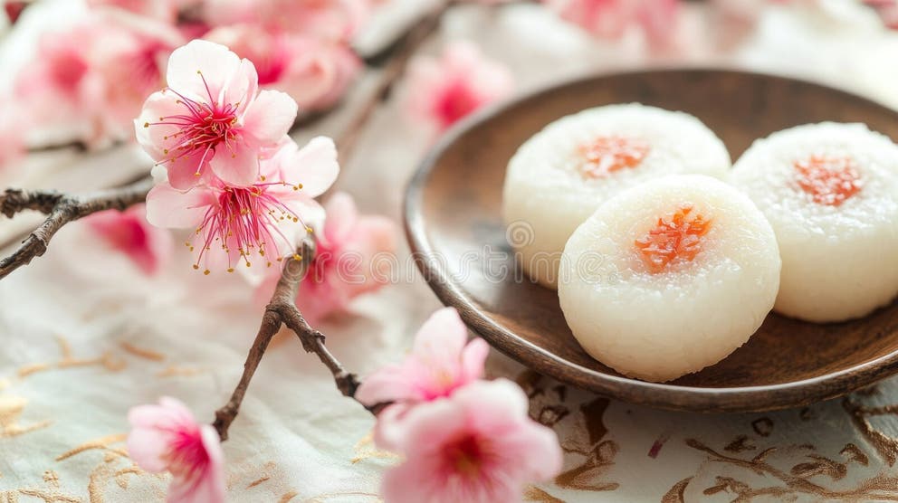 Peach Blossoms and White Rice Cakes with Red Bean Paste Stock ...