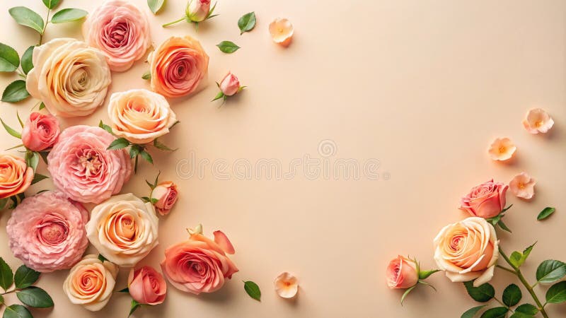 Peach and Blush Roses Arranged in a Corner Border on a Beige Background ...
