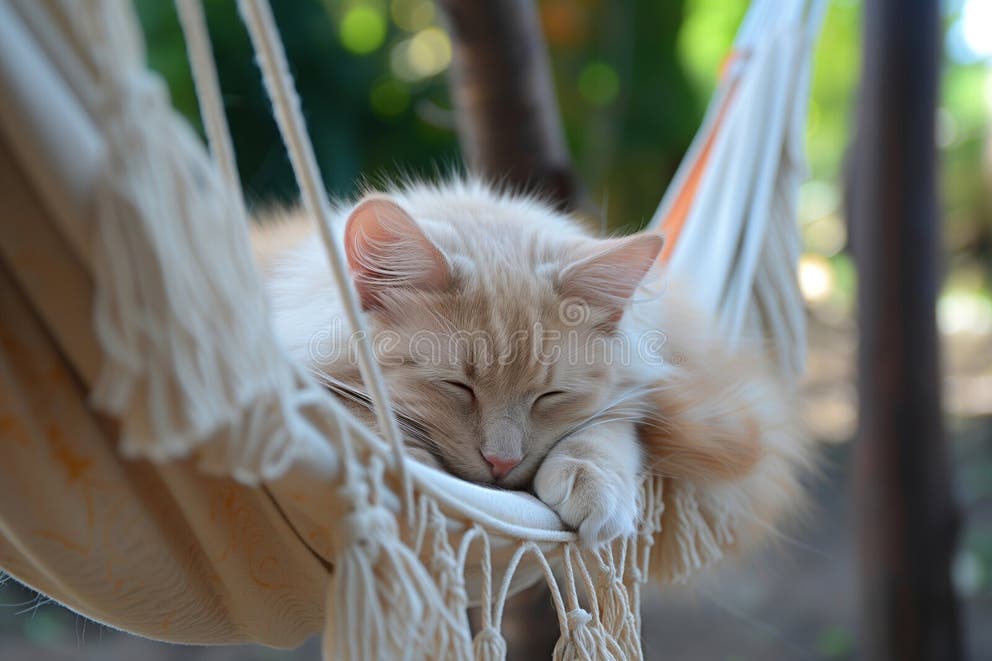 Peach Cat Sleeping in a Hammock, Serene Setting Stock Photo - Image of ...