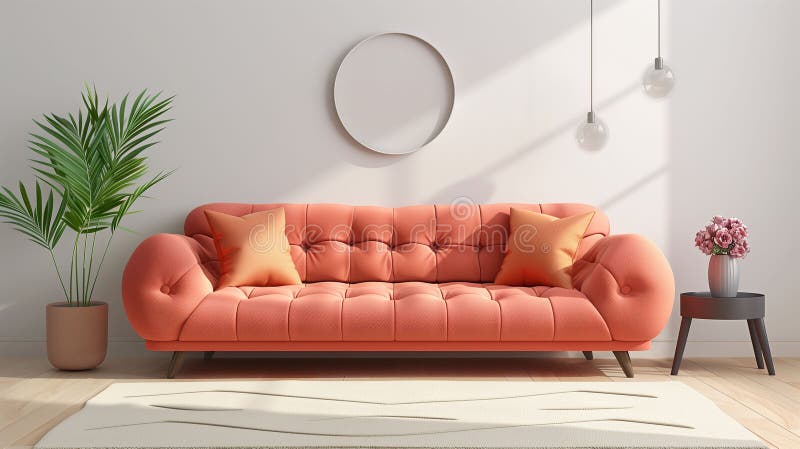 Peach Color Modern Sofa in Living Room with White Wall. Minimal Living ...