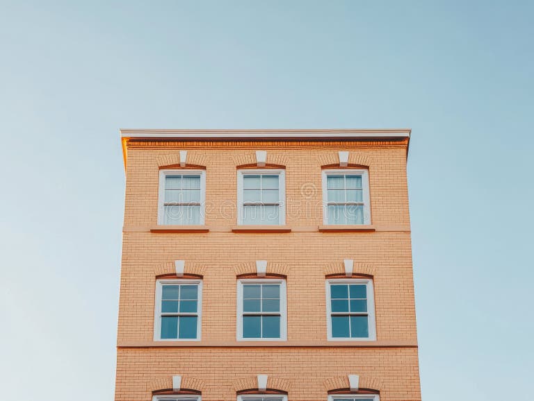 A Peach-colored Building with Large Windows Under a Clear Blue Sky at ...