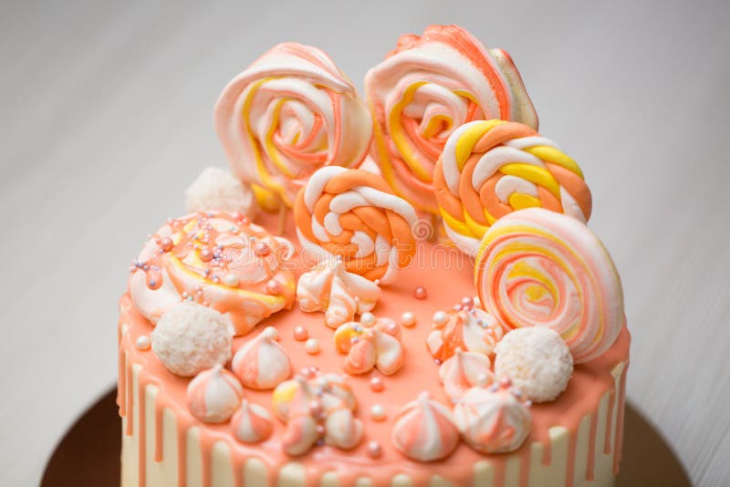 Peach Colored Cake with Meringue, Candy, Chocolate Stains and Jelly ...