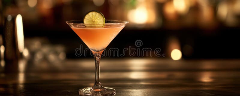 Peach-colored Martini with Lime Slice on Bar Counter in Dimly Lit ...