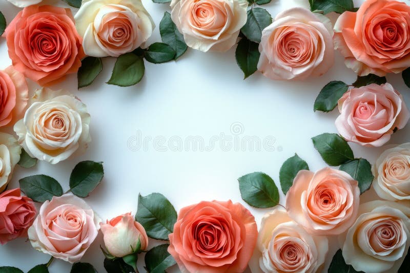 Peach and Cream Roses Forming Frame on White Background Stock Photo ...