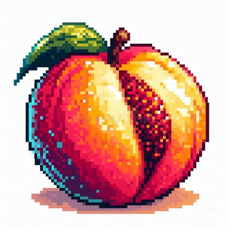 Peach Fruit Design Illustrator with Leaves, Pixel Art Stock ...