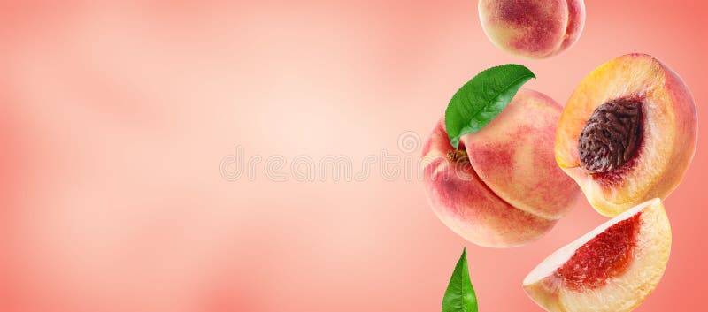 Peach Fruit and Peach Slices Flying on Peach Colour Background ...