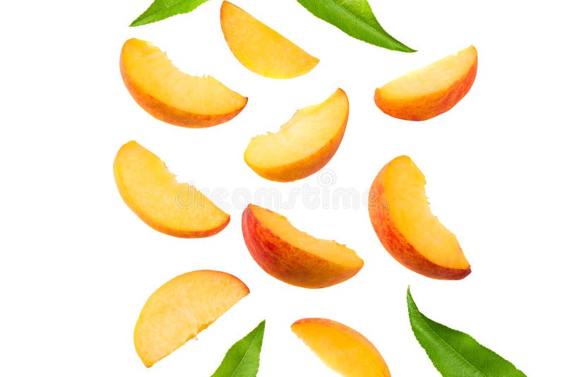 Peach Fruits with Green Leaf and Slices Isolated on White Background ... Peach Fruits with Green Leaf and Slices Isolated on White Background ...