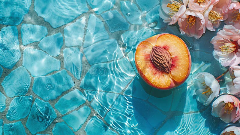 Peach Half Floating in Clear Blue Pool Water Surrounded by Pink ...