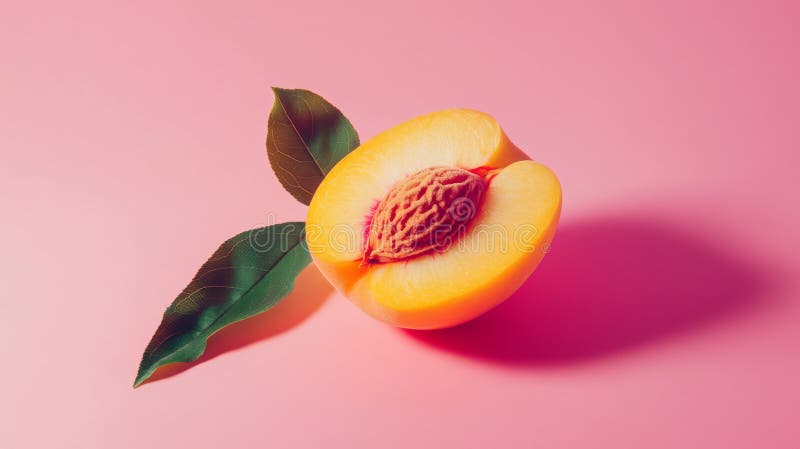 Peach Half with Pit and Leaves on Pink Background, Fresh Fruit and ...