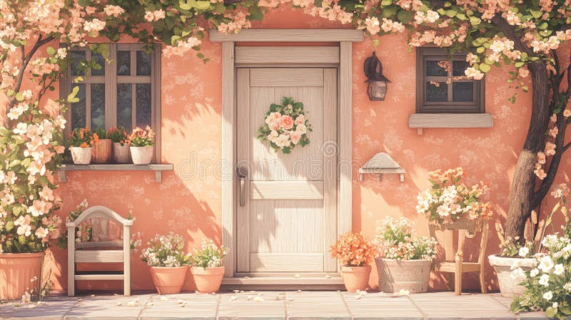 Peach House with Flowery Entrance Stock Illustration - Illustration of ...