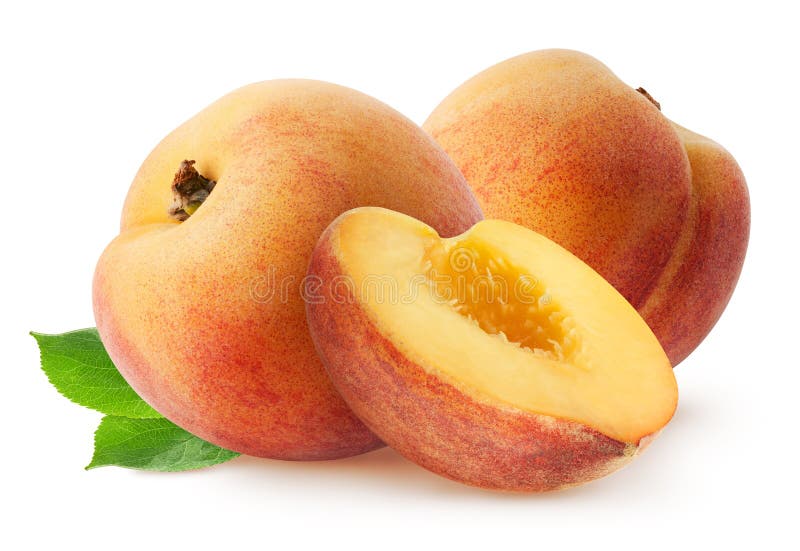 Peach Isolated. Two Whole Peach Fruits with Half and Leaves Isolated on ...