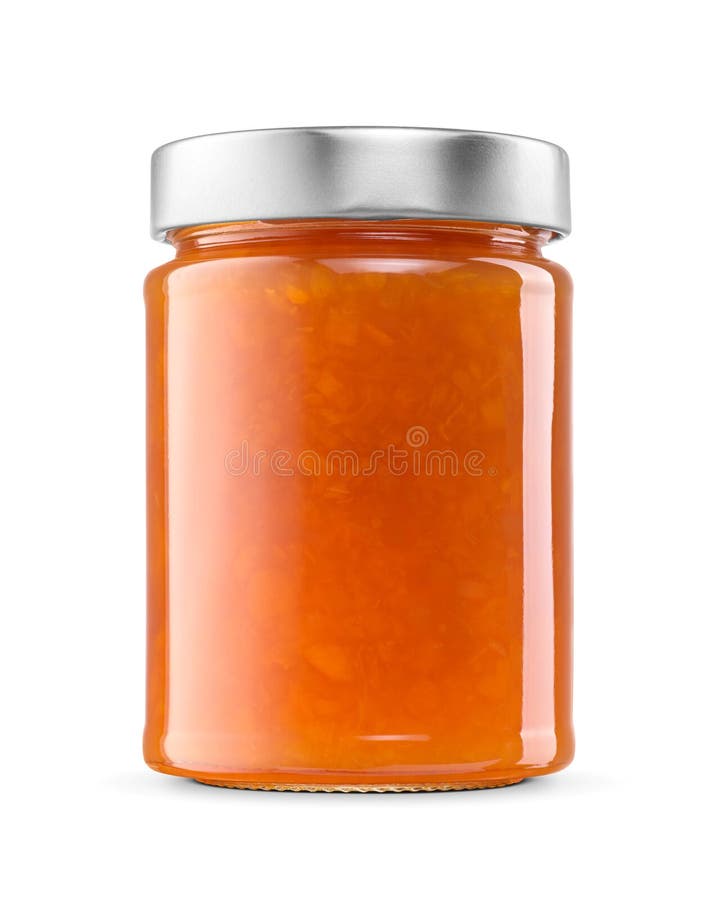 Peach Jam in Clear Glass Jar with Silver Lid Isolated on White Stock ...