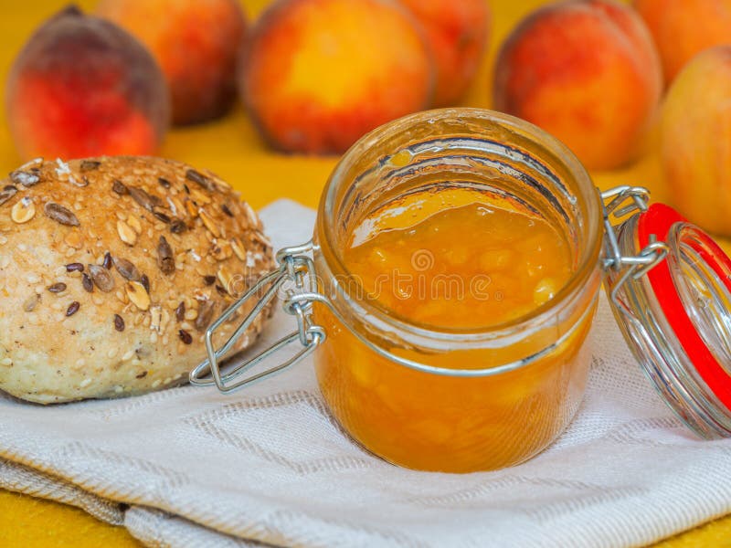 Peach jam jar stock photo. Image of autumn, food, vitamin - 122297504