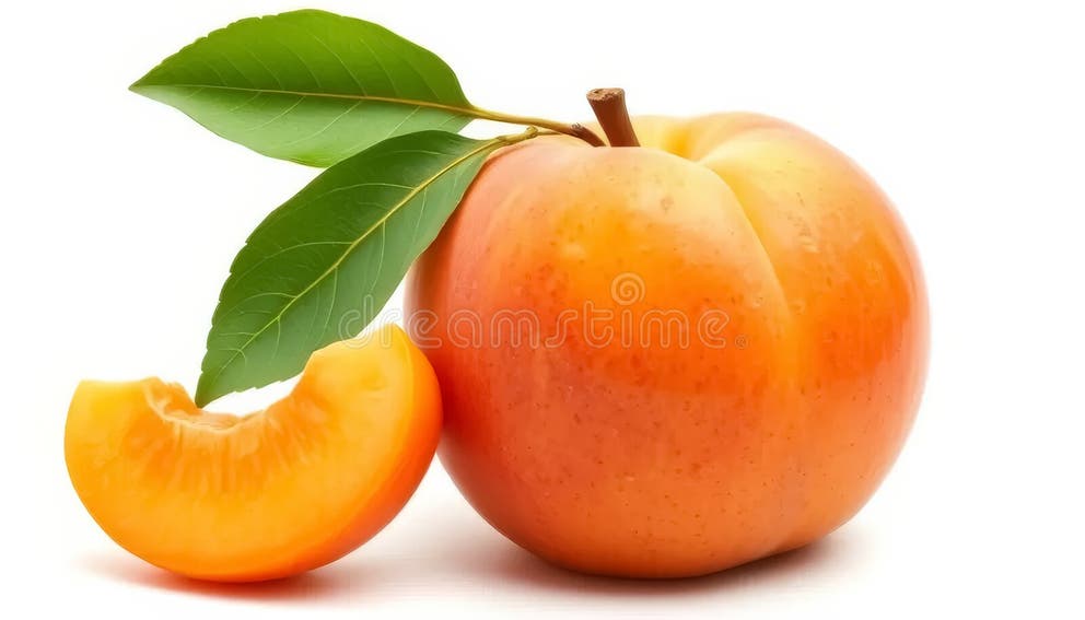 A Peach with a Leaf on Top and a Slice of Peach on the Bottom Stock ...