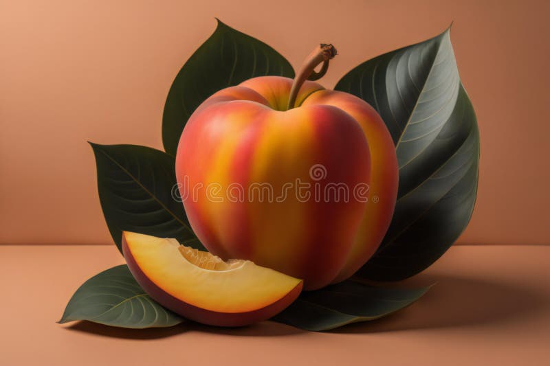 Peach with Leaves on a Brown Background. Ai Generated Stock ...