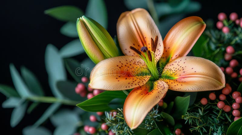 Peach Lily Flower Blooms among Green Foliage Stock Illustration ...