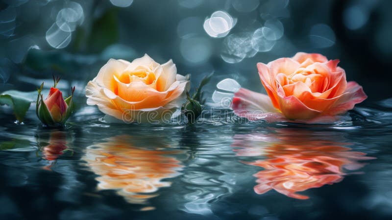Peach and Orange Roses Reflection in Dark Teal Water Stock Illustration ...