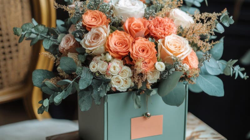 Peach Pink White Roses Bouquet in Teal Gift Box Stock Illustration ...