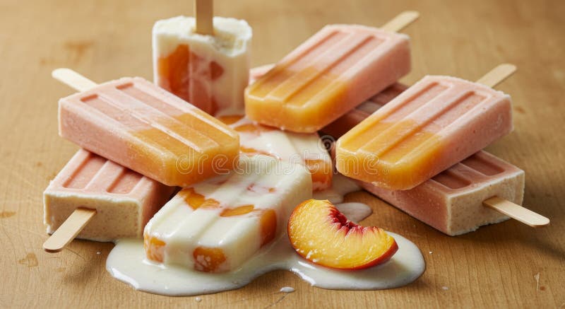 Peach Popsicles Melting on Wooden Surface Stock Illustration ...