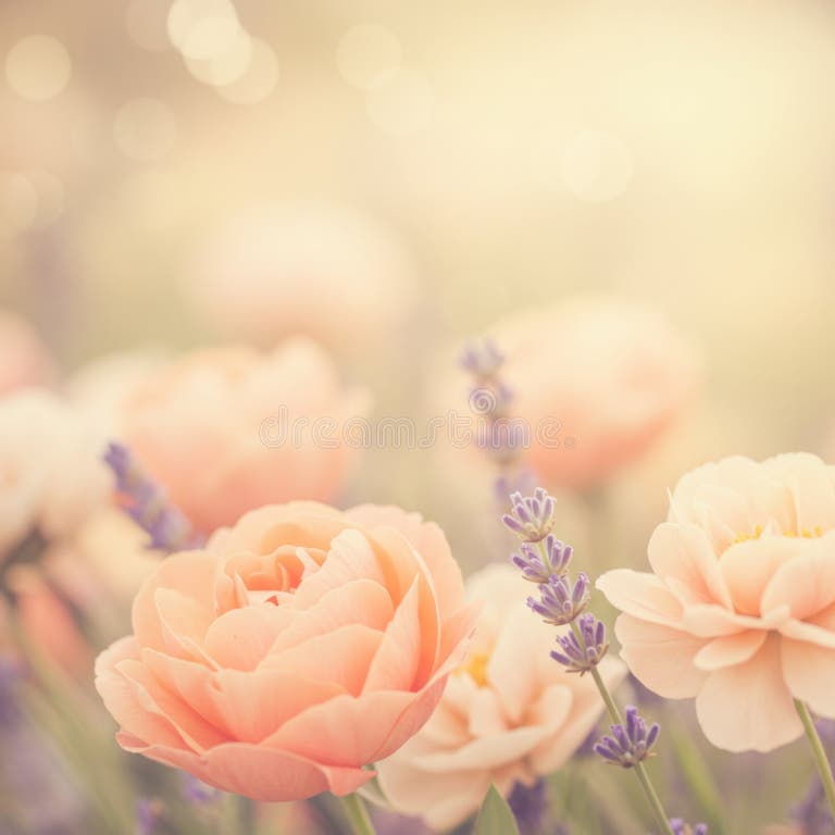 Peach Ranunculus and Lavender Flowers in Soft Sunlight Stock ...