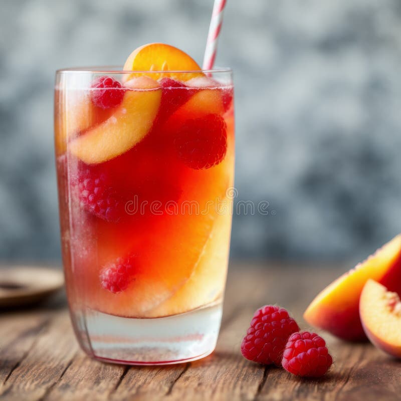 Peach Raspberry Iced Tea in a Glass with a Background of Fresh Peach ...