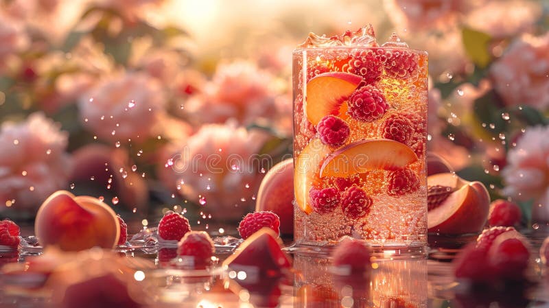 Peach Raspberry Juice Floating with Swirling Peach Slices and ...