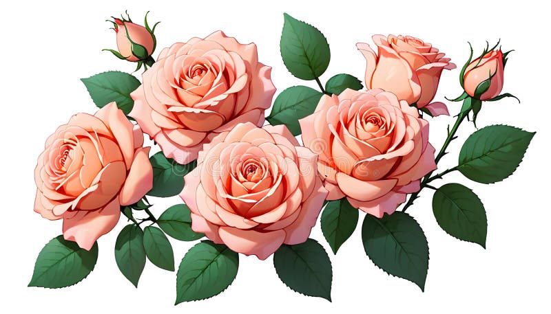 Peach Rose Flowers Isolated on White Solid Background. Anime Style ...