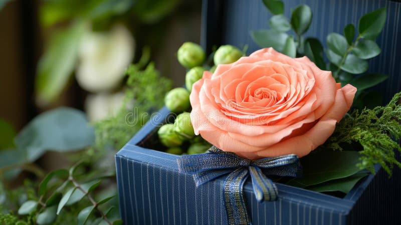 Peach Rose in a Navy Blue Gift Box Stock Illustration - Illustration of ...