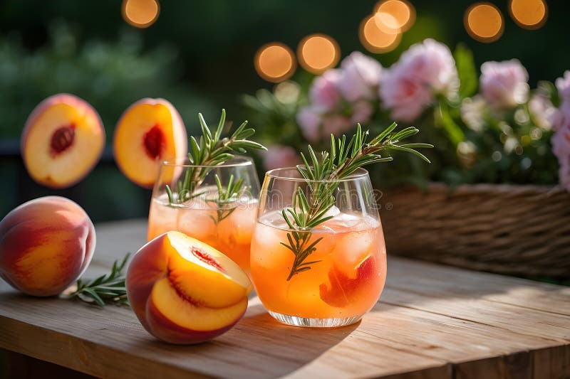 Peach and Rosemary Mocktail with Glowing Garden Lights Stock Photo ...
