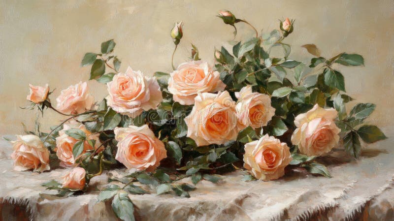 Peach Roses Arranged on a Table in an Oil Painting Stock Illustration ...
