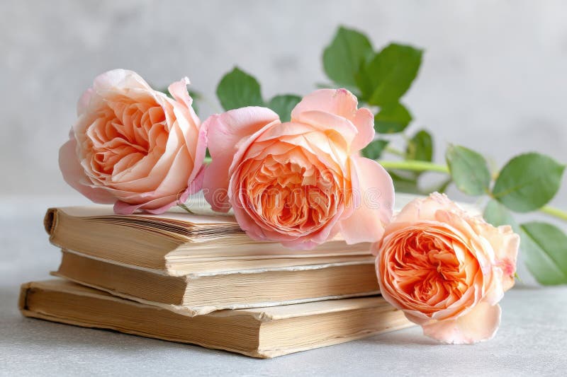 Peach Roses Decorating Stack of Antique Books on Gray Background Stock ...