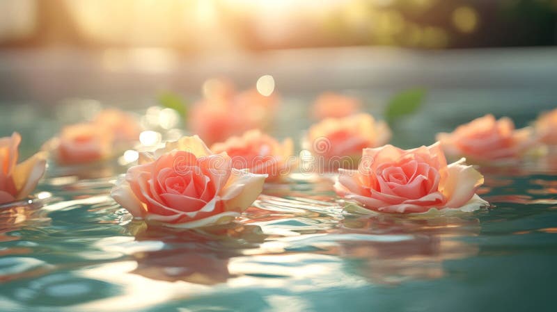 Peach Roses Float Gently on Calm Water Surface Stock Illustration ...