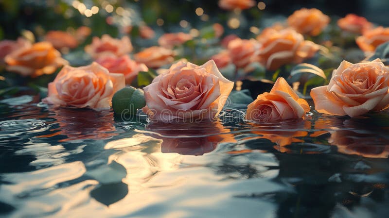 Peach Roses Floating in Water with Soft Reflections and Bokeh Background Stock Illustration ...