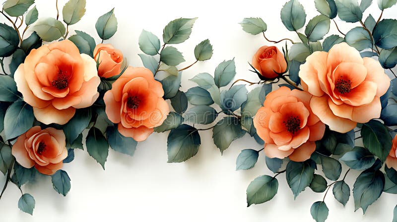 Peach Roses, Leaves Border, White Background, Wedding Invitation Design ...