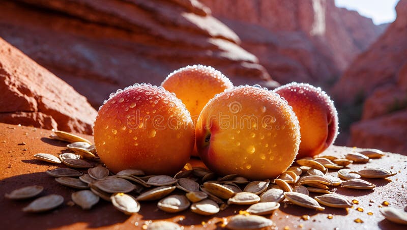 Juicy Nectarines with Pumpkin Seeds on Red Rocks at Sunrise Stock ...