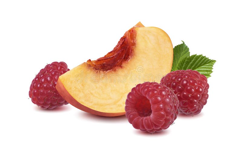 Peach Slice Raspberry Leaves Isolated on White Background Stock Photo ...