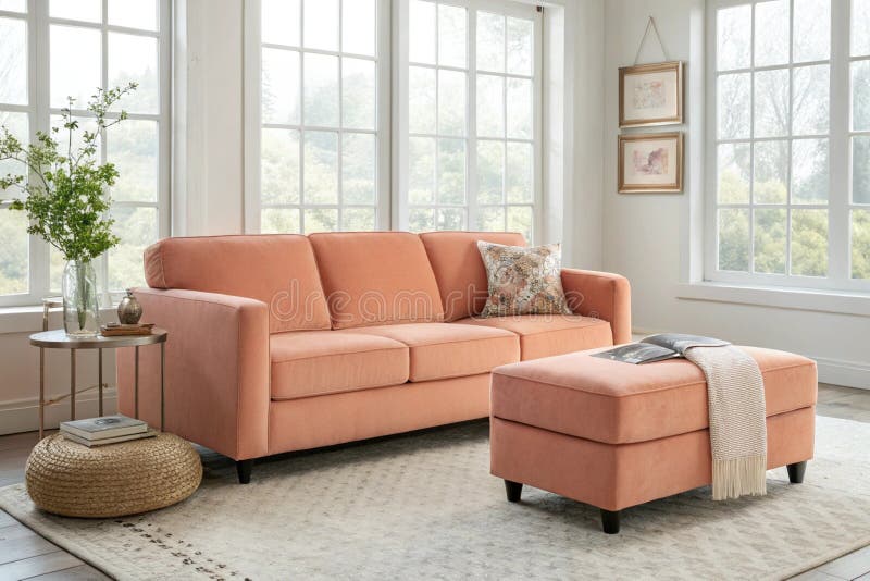 Peach Sofa with Pouf and Table in Light Living Room Stock Illustration ...