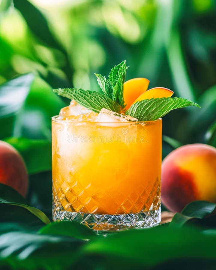 Peach Whiskey Cocktail Garnished with Mint and Fresh Peaches in Lush ...