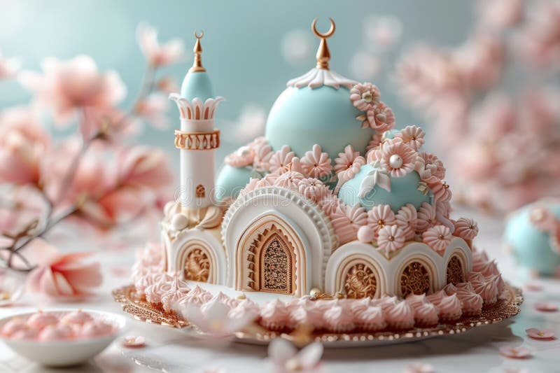 Artistic Pink and White Mosque Cake with Domes and Arches for Ramadan ...