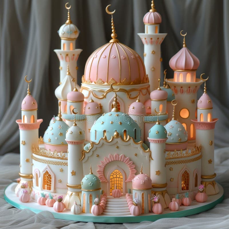 Artistic Pink and White Mosque Cake with Domes and Arches for Ramadan ...