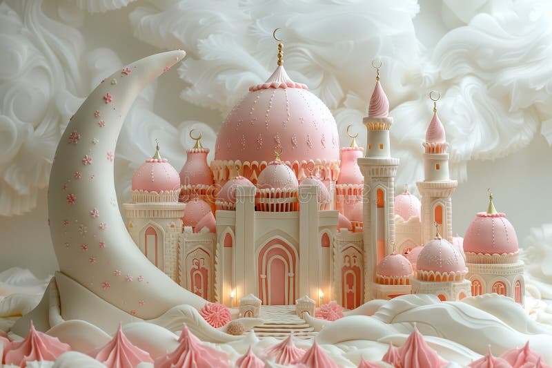 Artistic Pink and White Mosque Cake with Domes and Arches for Ramadan ...