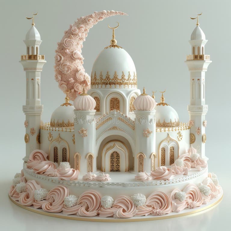 Artistic Pink and White Mosque Cake with Domes and Arches for Ramadan ...