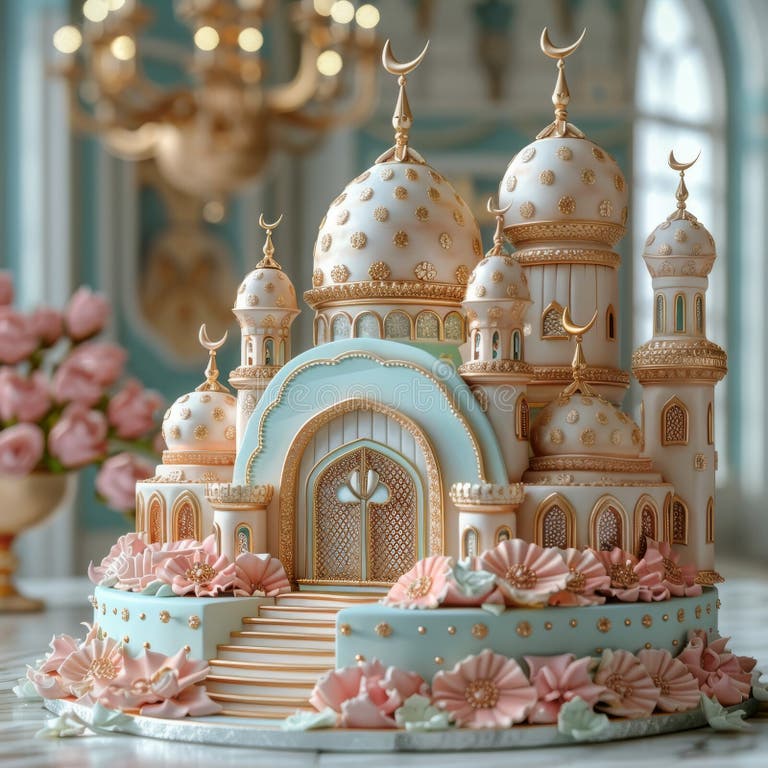 Artistic Pink and White Mosque Cake with Domes and Arches for Ramadan ...