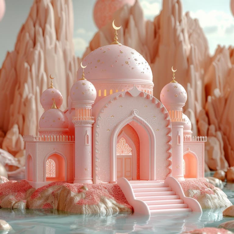 Artistic Pink and White Mosque Cake with Domes and Arches for Ramadan ...