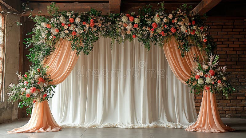 Peach and White Floral Wedding Backdrop with Fabric Drapes Against ...